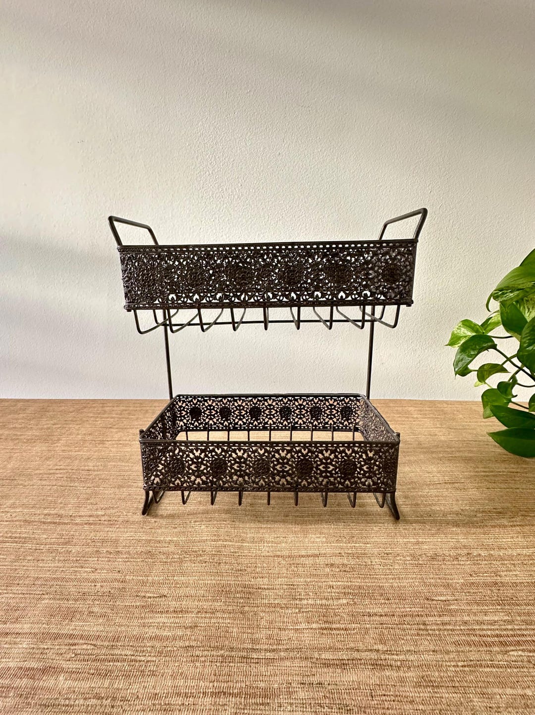 Vintage Small Black Two Tier Countertop Decorative Metal Storage Rack ...