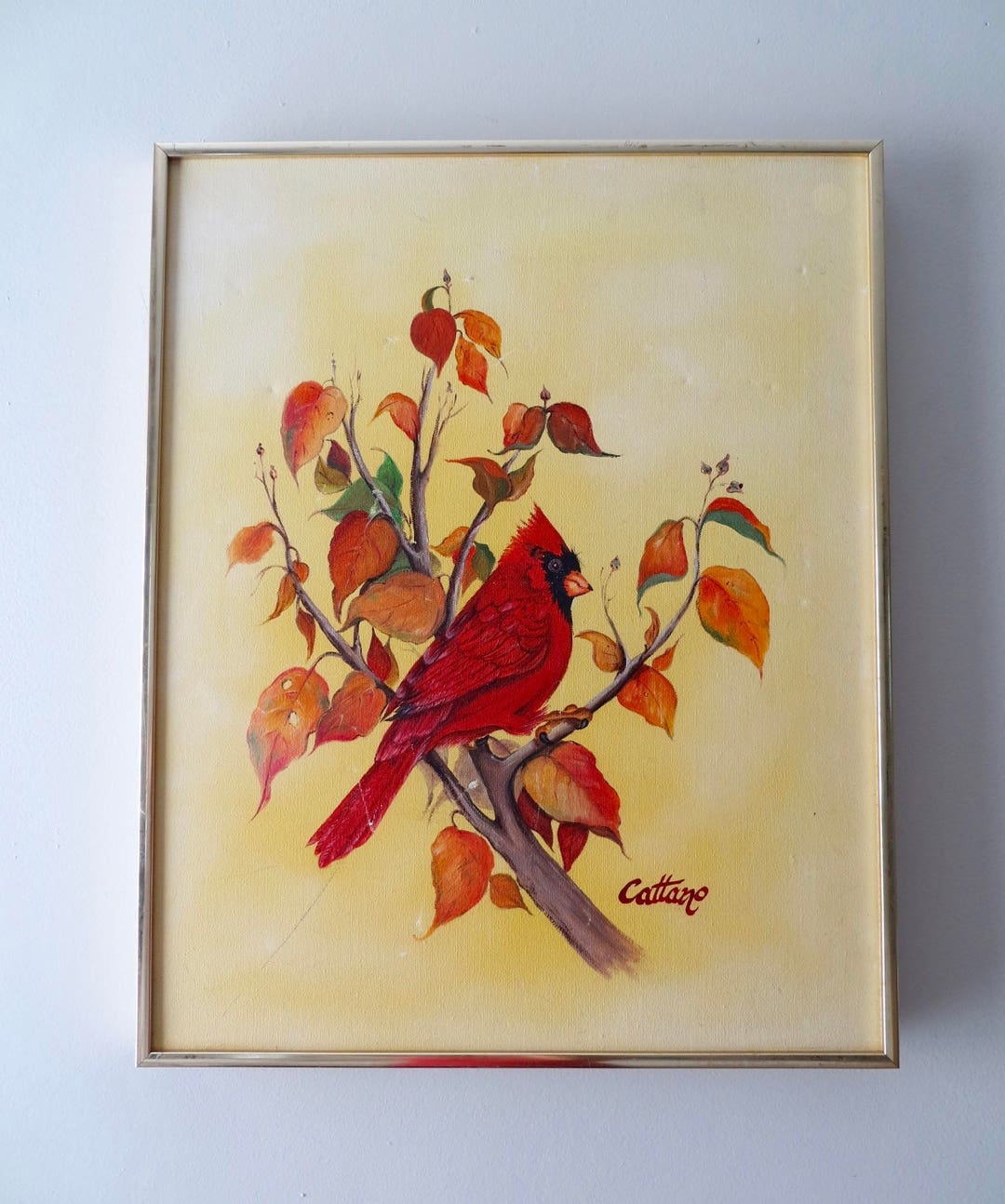 Vintage Red Cardinal Art on Canvas With Autumn Leaves in Yellow ...