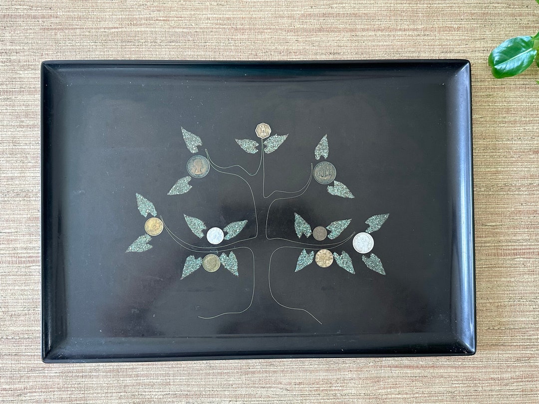 Vintage Couroc Tree of Life Black Serving Tray - With Inlaid Coins - Etsy
