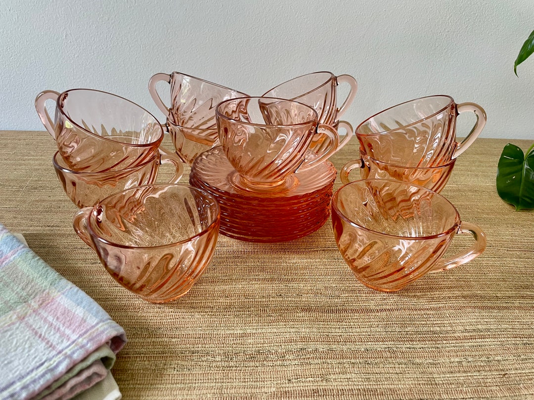 Vintage French Arcoroc Pink Swirl Glass Cups & Saucers - Rosaline ...