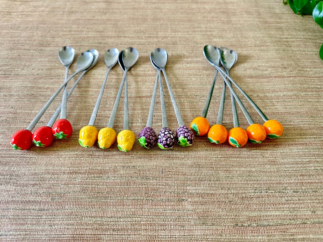 Vintage Long Iced Tea Spoons With Ceramic Fruit Handles - Stainless ...