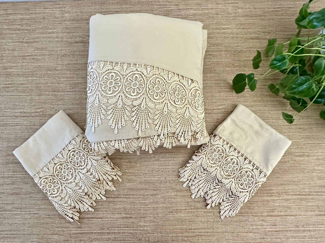 Vintage Beige Lace Cotton Queen Sheet Set - Etsy