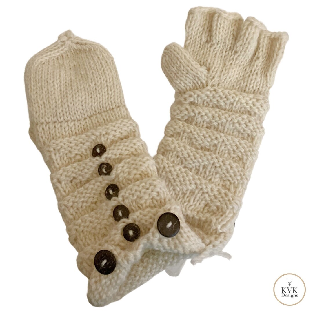 Hand-knit Wool Mittens With Buttons off White Mittens - Etsy