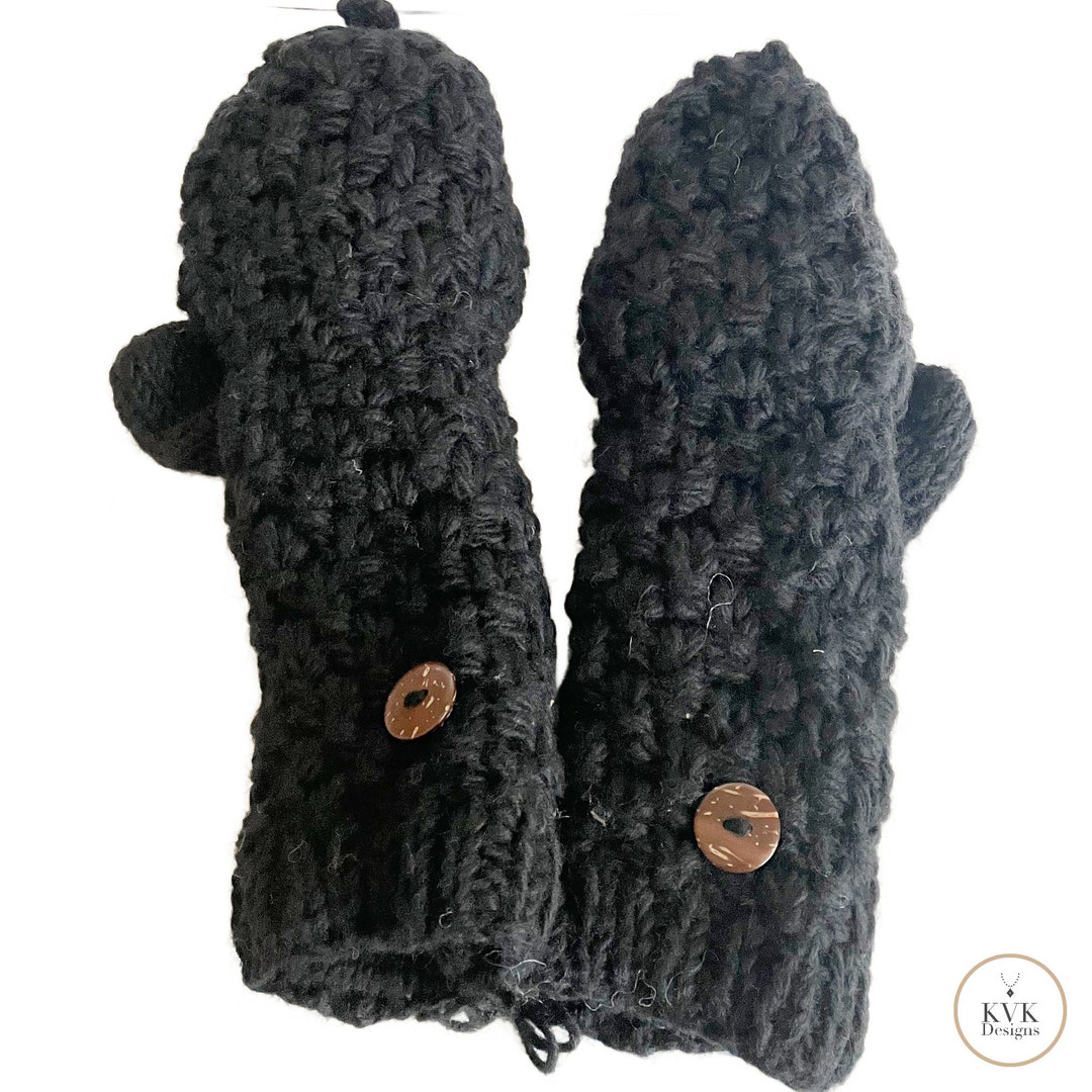 Hand-knit Black Wool Mittens With Wooden Buttons, Knitted Mittens ...