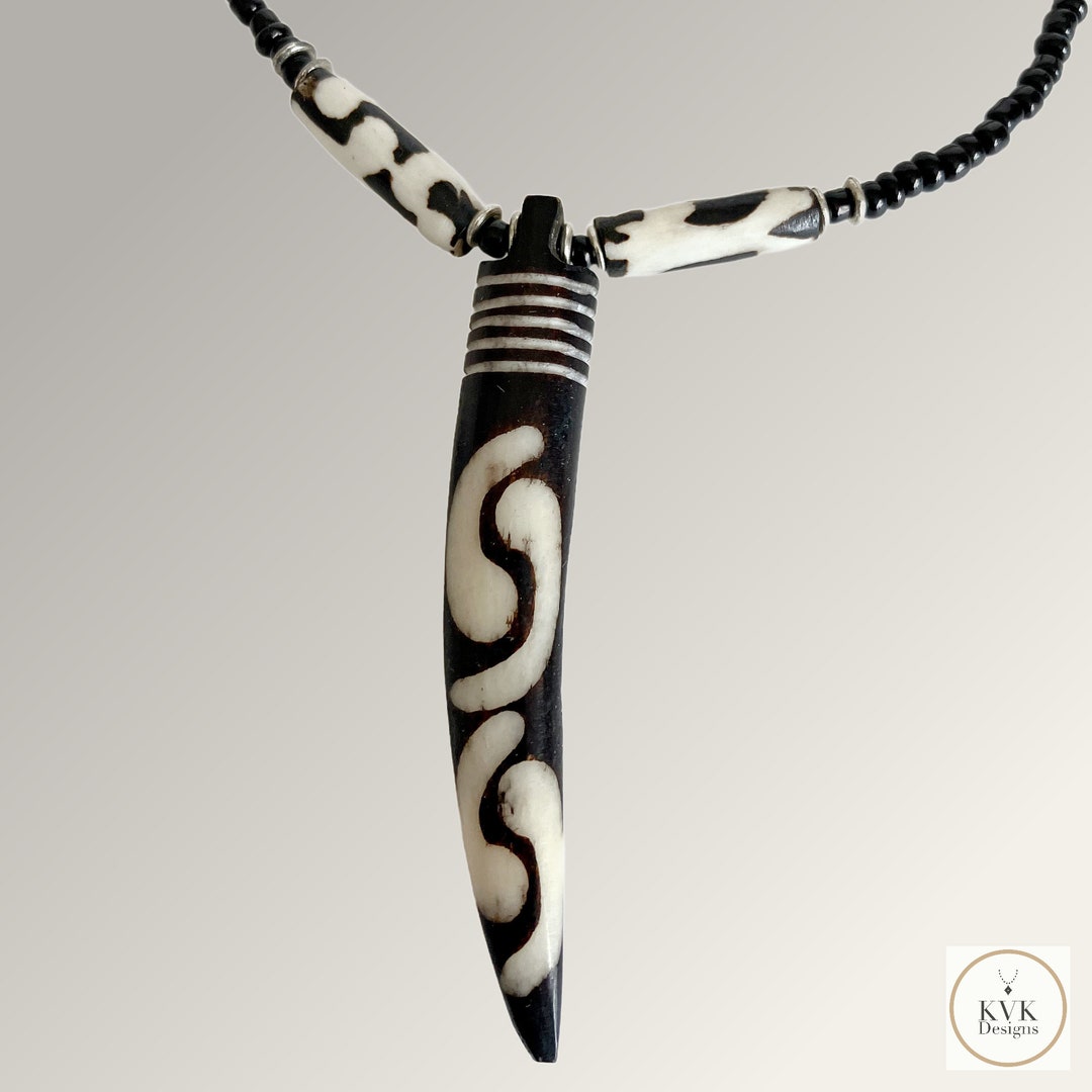 Batik Bone Tooth Pendant on Beaded Chain Boho Necklace, African Jewelry ...