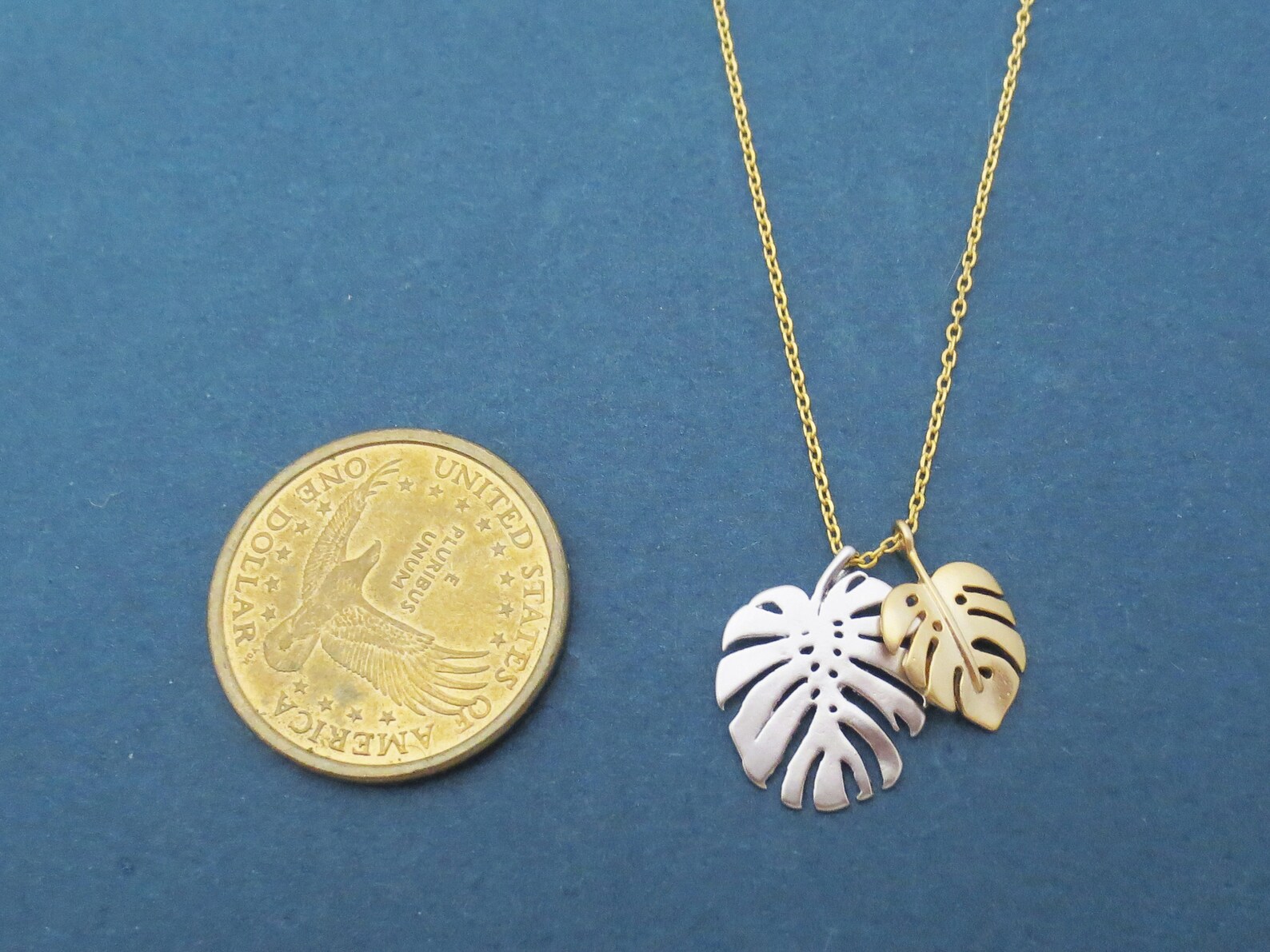 Two Tone Two Leaf Necklace, Monstera Foliage Nature Necklace, Tropical ...