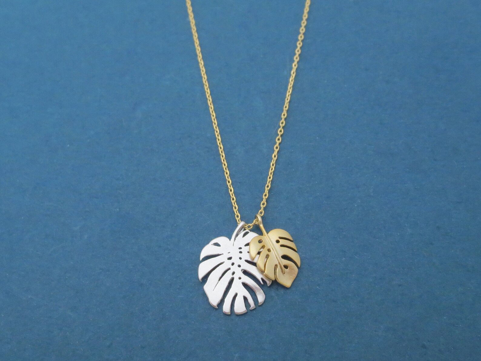 Two Tone Two Leaf Necklace, Monstera Foliage Nature Necklace, Tropical ...