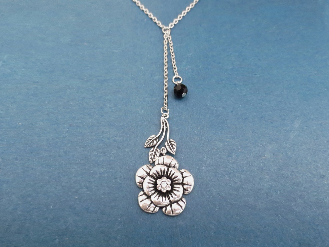 Dainty Rose Flower Silver Necklace With Cubic, Lariat Necklace, Y ...