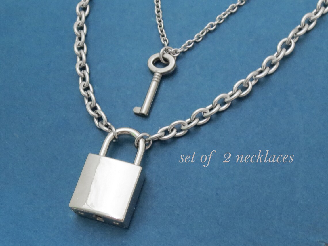 Silver Padlock and Key Necklace Set, Stainless Steel Chain Necklace ...