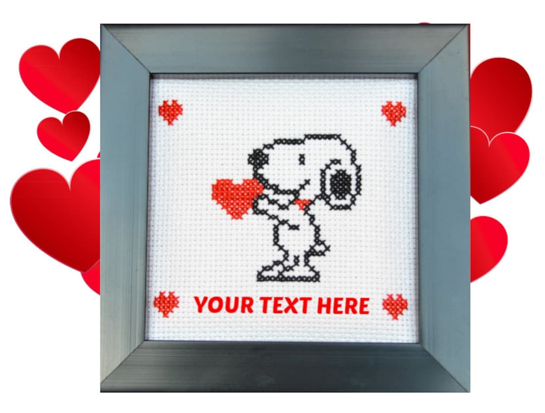 Snoopy Cross Stitch Picture With Hearts Personalized With Your Text - Etsy