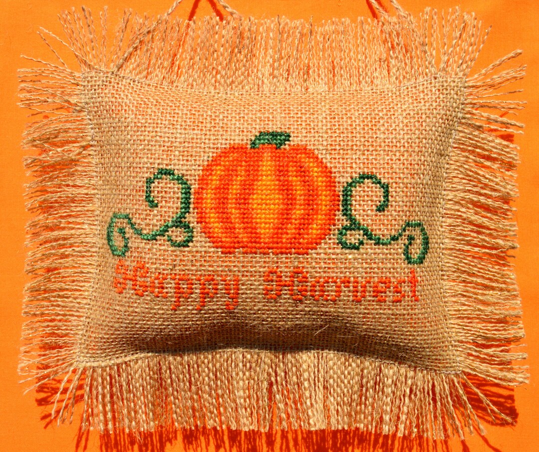 Autumn or Fall Cross Stitch Pumpkin Accent Pillow Hand Stitched on ...