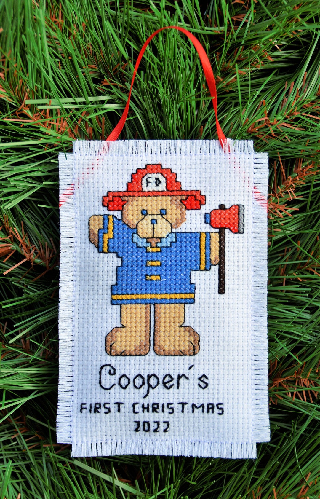 Fireman Teddy Bear Cross Stitch Christmas Ornament Handmade Custom ...