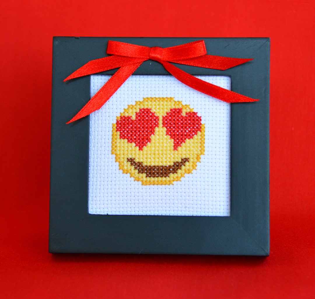 Emoji Cross Stitch Heart Eyes Emoji Handmade Embroidered Framed Emoji ...