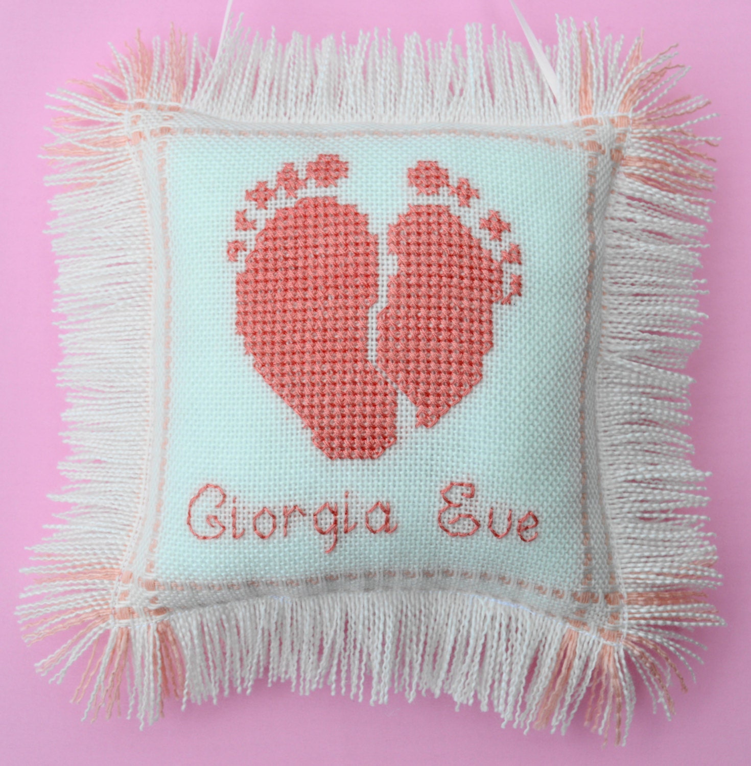 Baby Girl Gift Personalized Pillow, Footprint Design Hand Stitched in ...