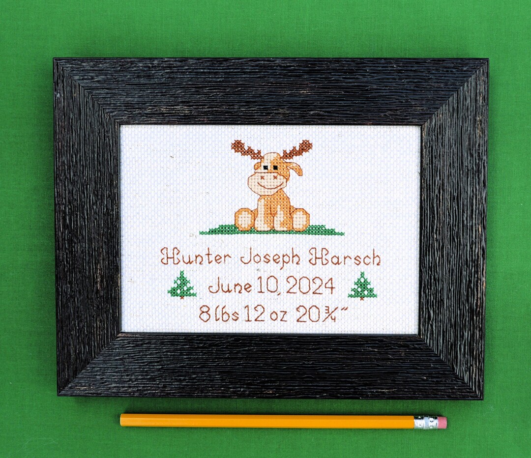 Baby Moose Rustic Birth Announcement 5 X 7 Framed Cross Stitch ...