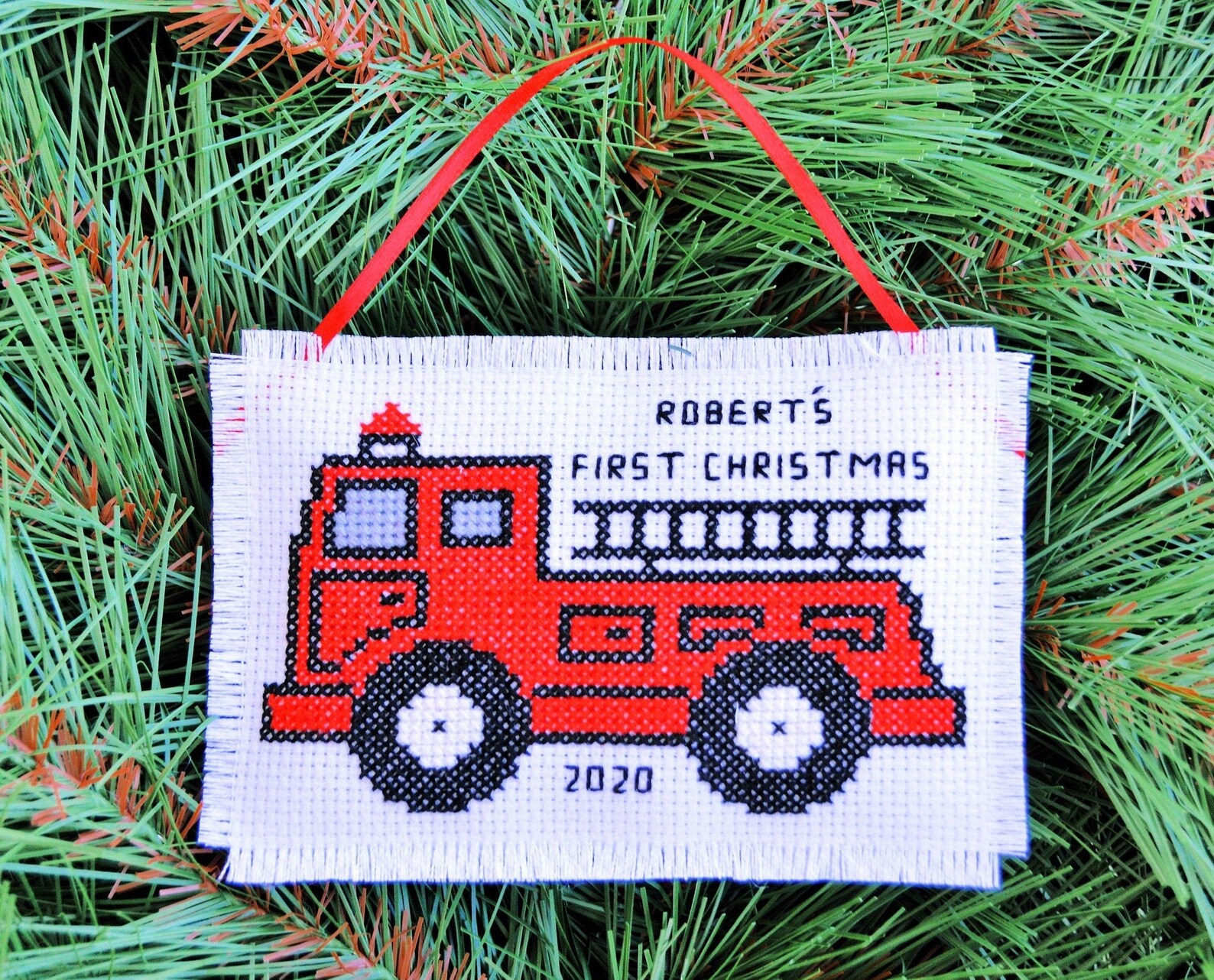 Fire Truck Ornament Baby's First Christmas Handmade Cross - Etsy