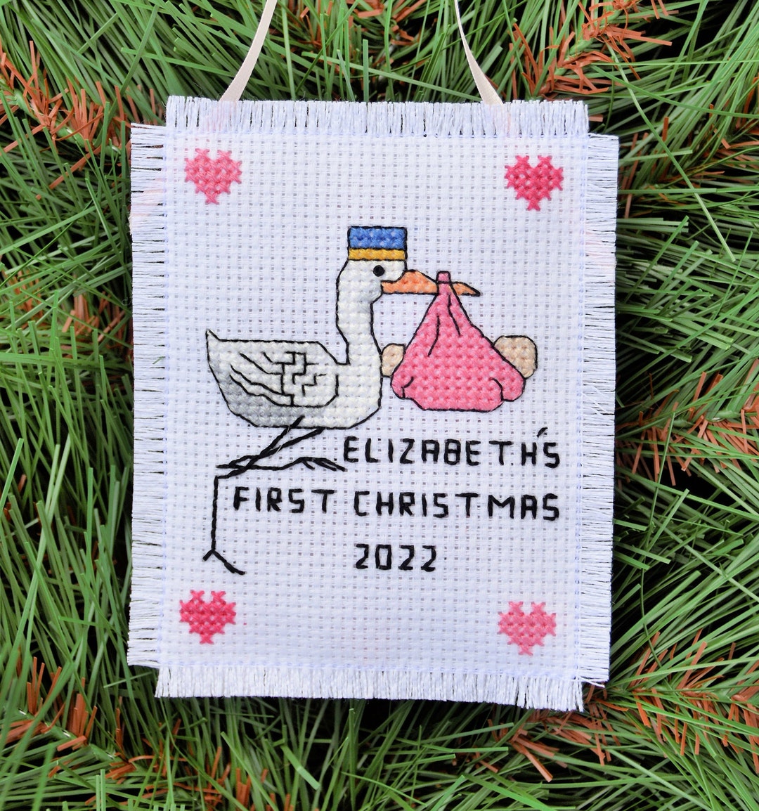 Baby Girl's First Christmas Handmade Cross Stitch Stork Ornament ...