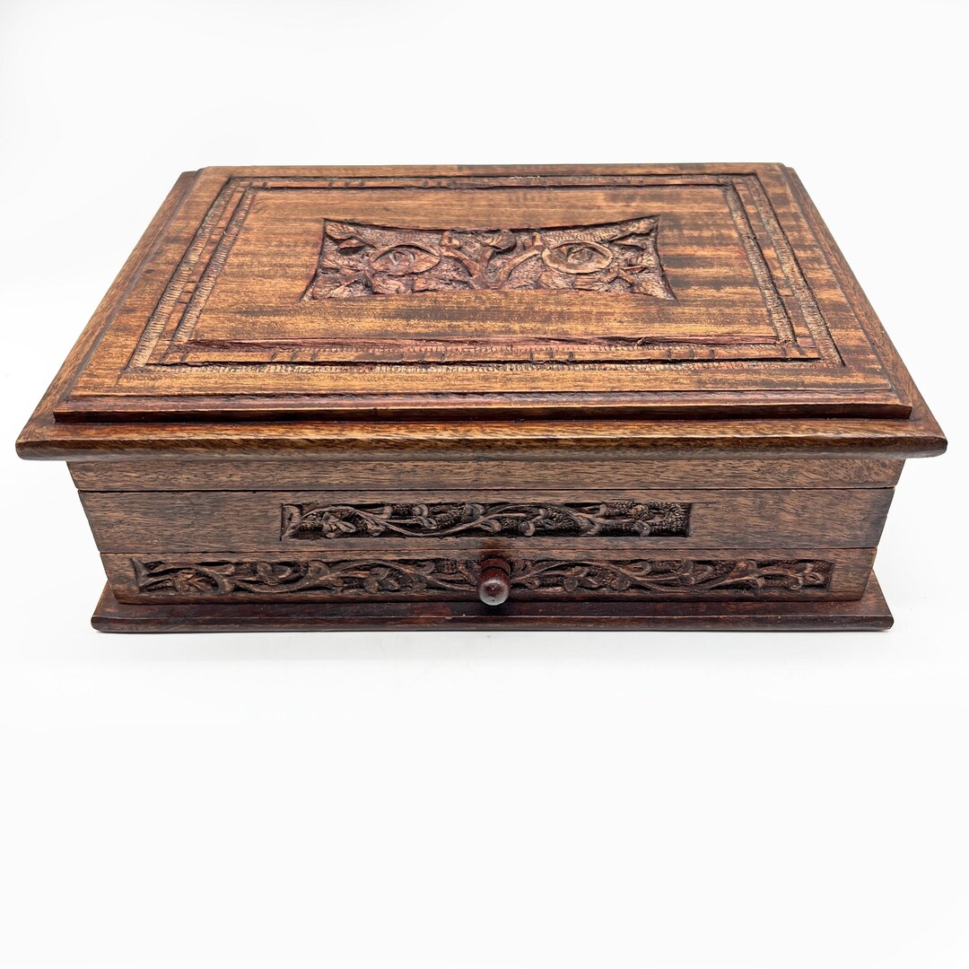 Vintage Hand Carved Box, Large, Hinged Lidded Wooden Keepsake ...