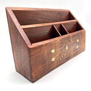 Vintage Letter Rack, Wooden Writing Paper Organiser. Brass Inlay. Hand ...