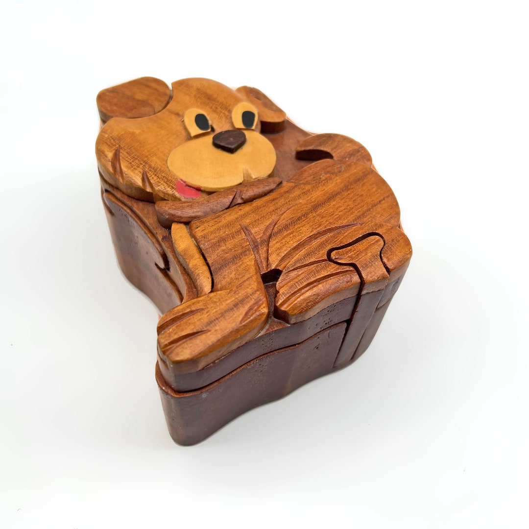 Hand Made Puzzle Box. Wooden Puppy Dog. Mixed Wood, Velvet Lined ...