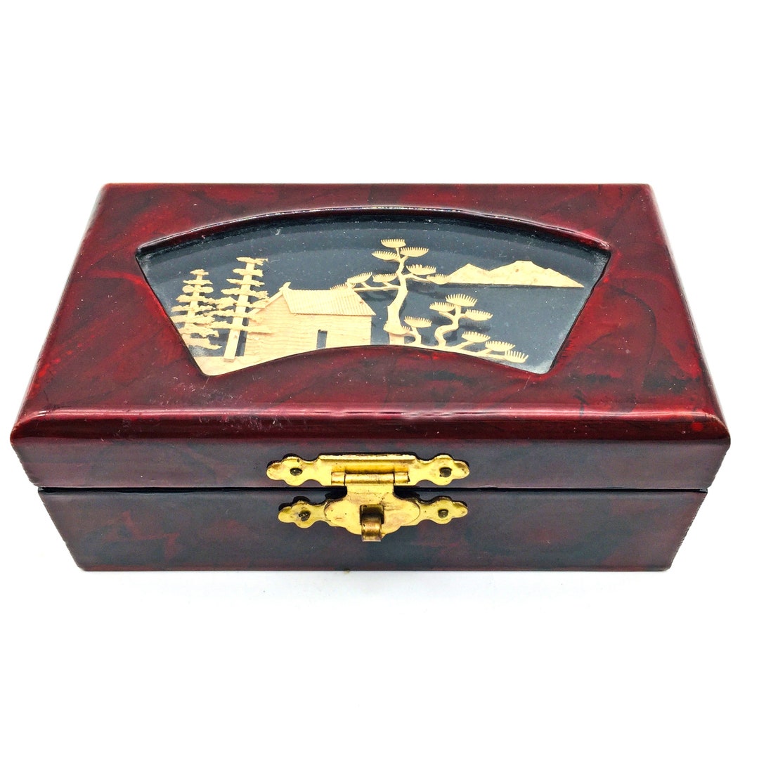 Picture Jewellery Box. Chinese 3D Hand Carved Cork & Marbled Lacquer ...