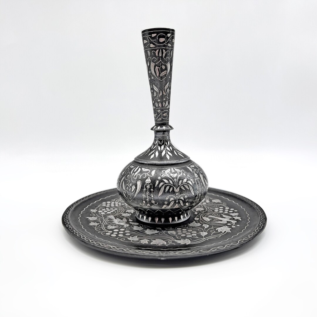 Antique Bidri Silver Inlaid Bottle surahi Vase & Sini Dish. Small 5 ...