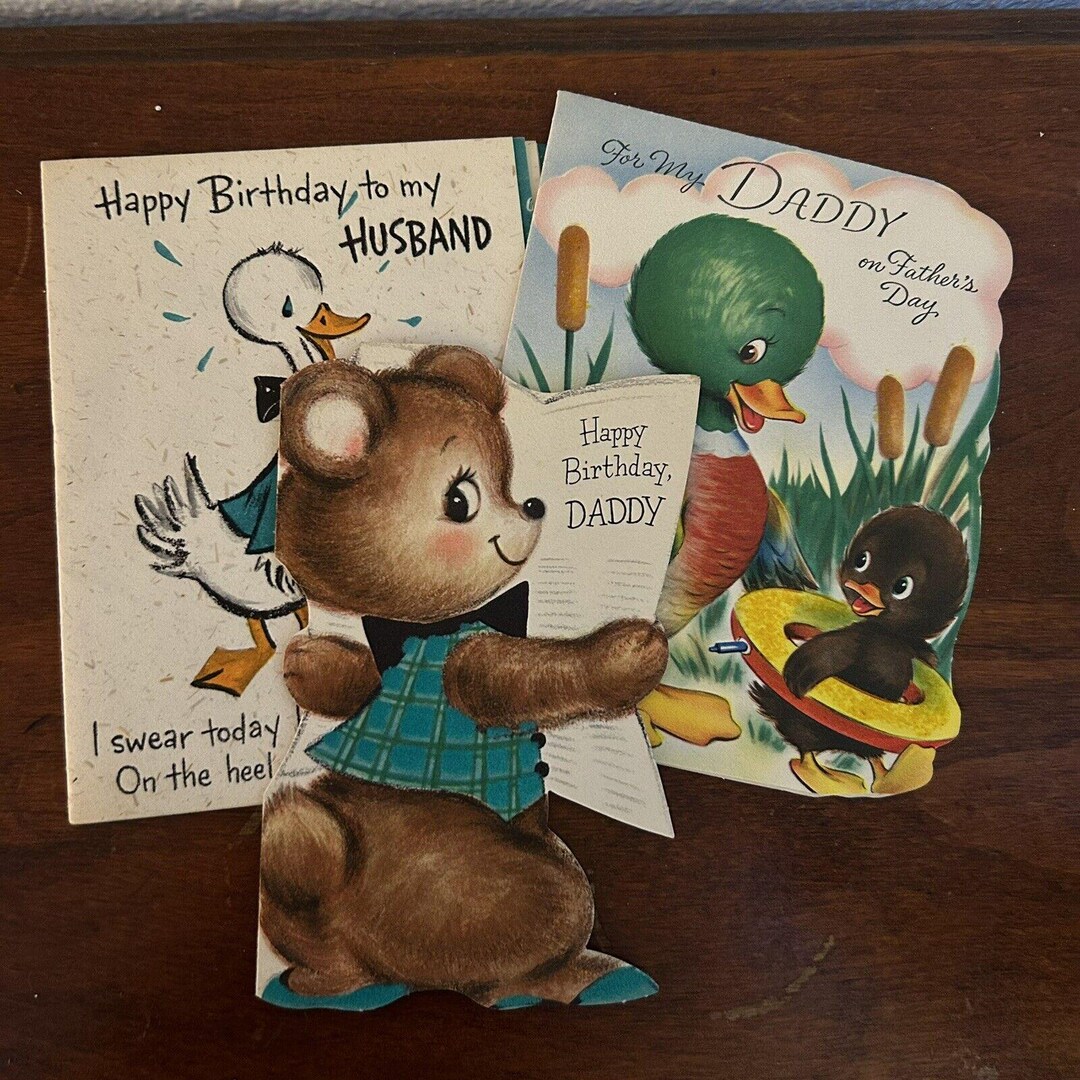 Trio Vintage 50s/60s Happy Birthday Dad Husband Fathers Day Duck Bear ...