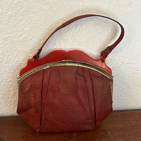 Vintage Red Leather 50s Handbag AS IS READ - Gem