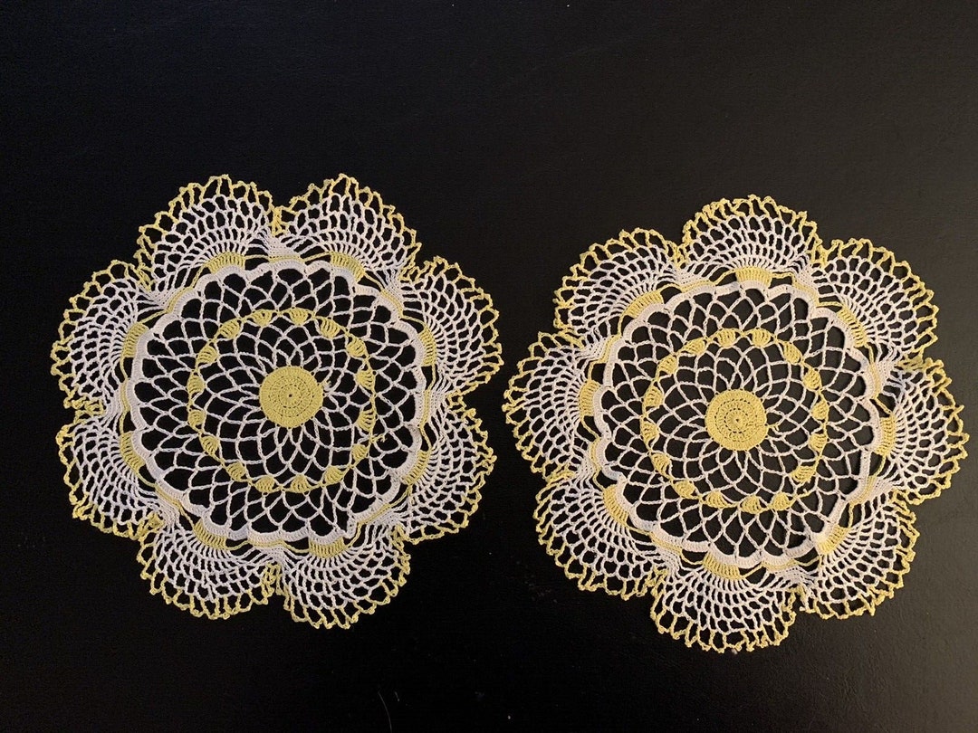 Vintage Set 2 Handmade Crochet Doilies Doily Honey Yellow Gold Mustard ...