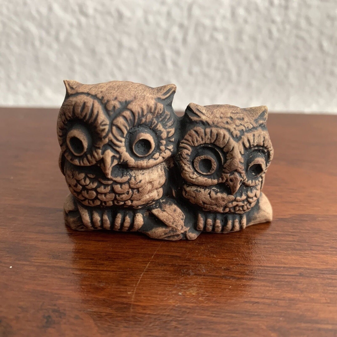 Vintage Little Pair of Hoot Owls Tan Sitting on a Log - Etsy