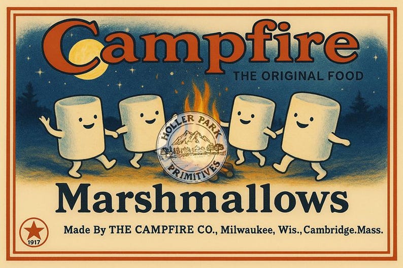 Campfire Dancing Marshmallow Label: Vintage-style Tin Wrap & Front ...