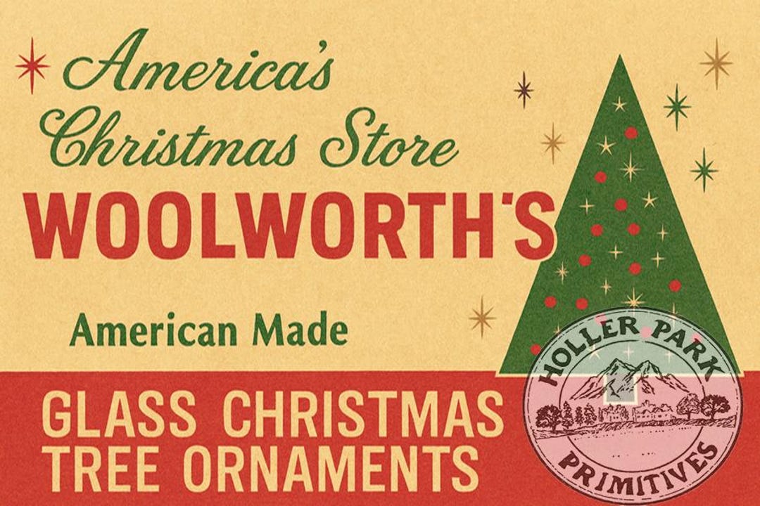 Retro Primitive Woolworths Glass Ornaments Label: Vintage Replica ...