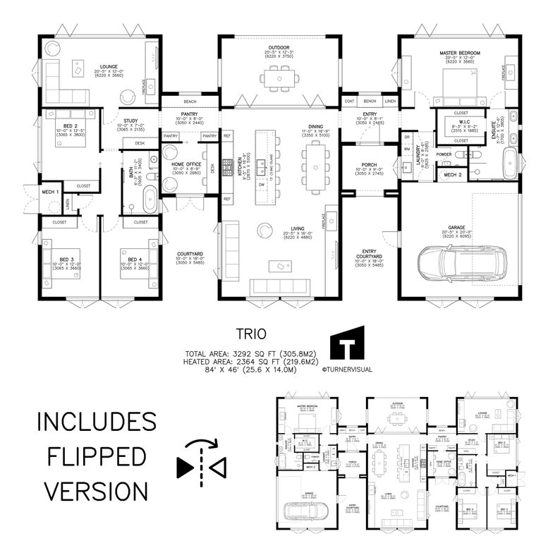 Trio House Plans – Modern Scandinavian Farmhouse – 4 Bedroom 2.5 Bath ...