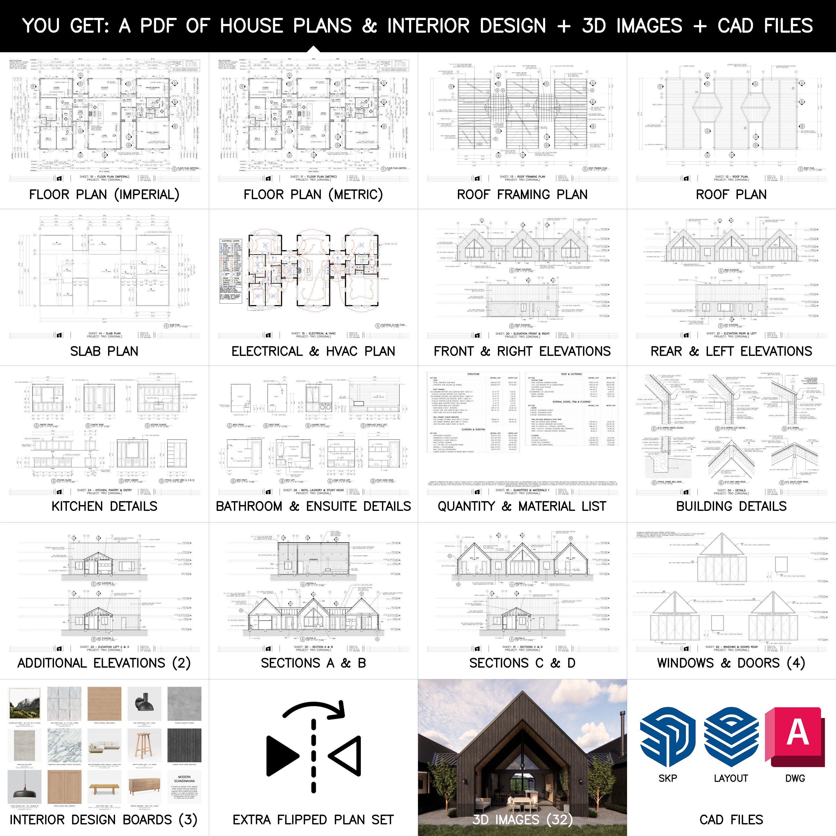 Trio House Plans – Modern Scandinavian Farmhouse – 4 Bedroom 2.5 Bath ...