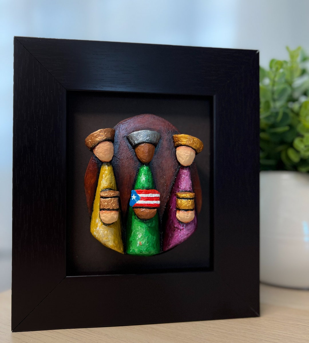 Three Kings & Puerto Rican Flag Recycled Paper Framed Art With Black ...
