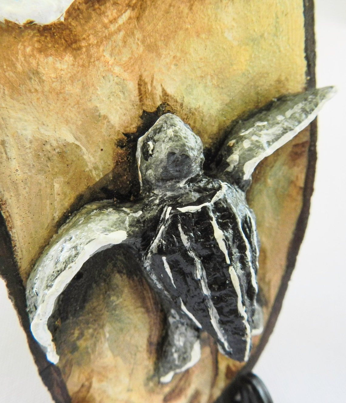 Recycled Paper Leatherback Sea Turtle Hatchling on a Rustic Wood Round ...