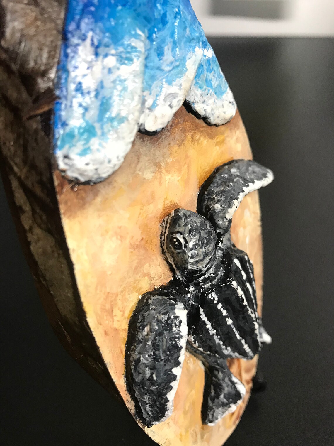 Recycled Paper Leatherback Sea Turtle Hatchling on a Rustic Wood Round ...