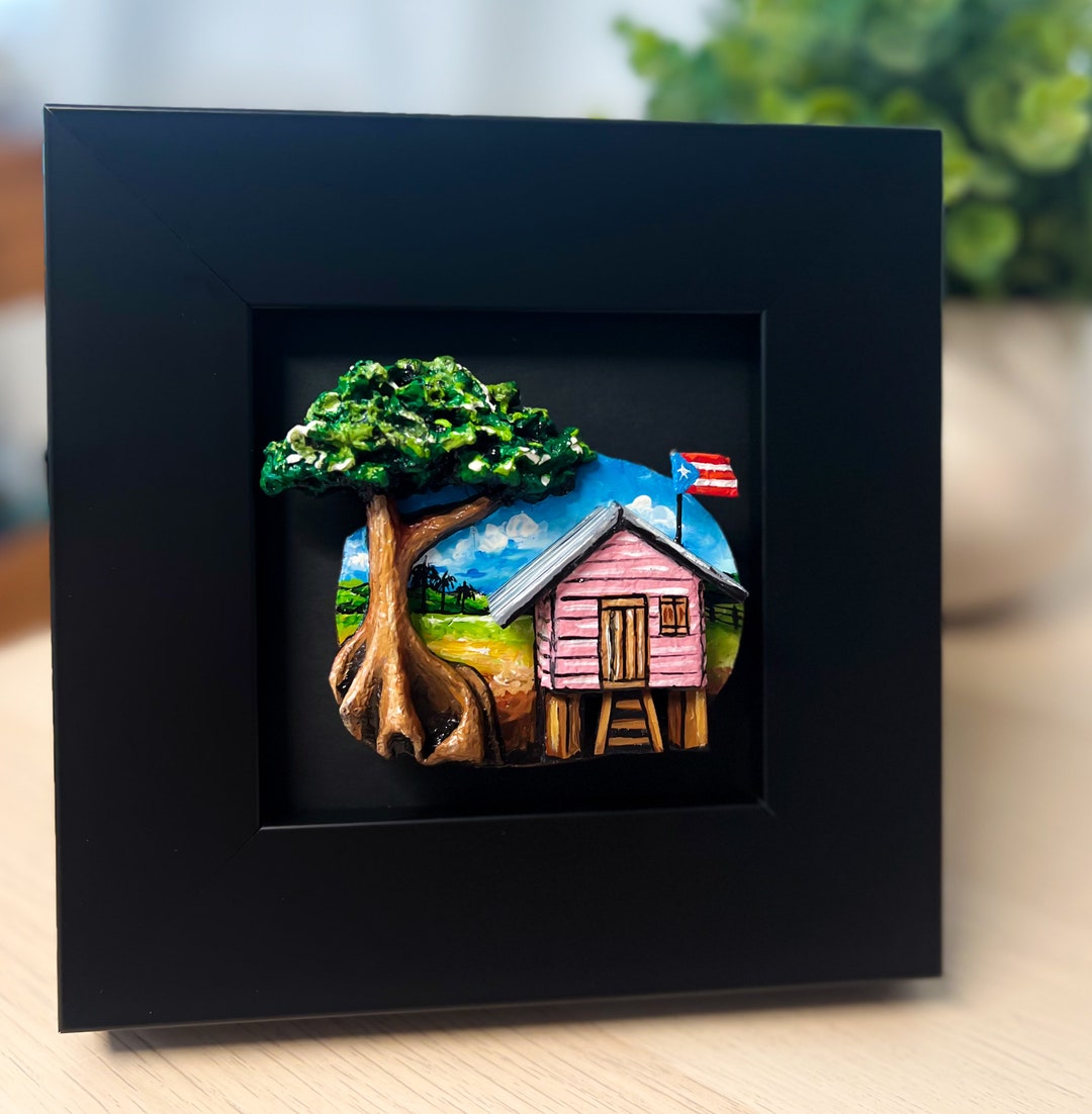 Puerto Rican Wood House With Ceiba Tree Recycled Paper Framed Artwork ...