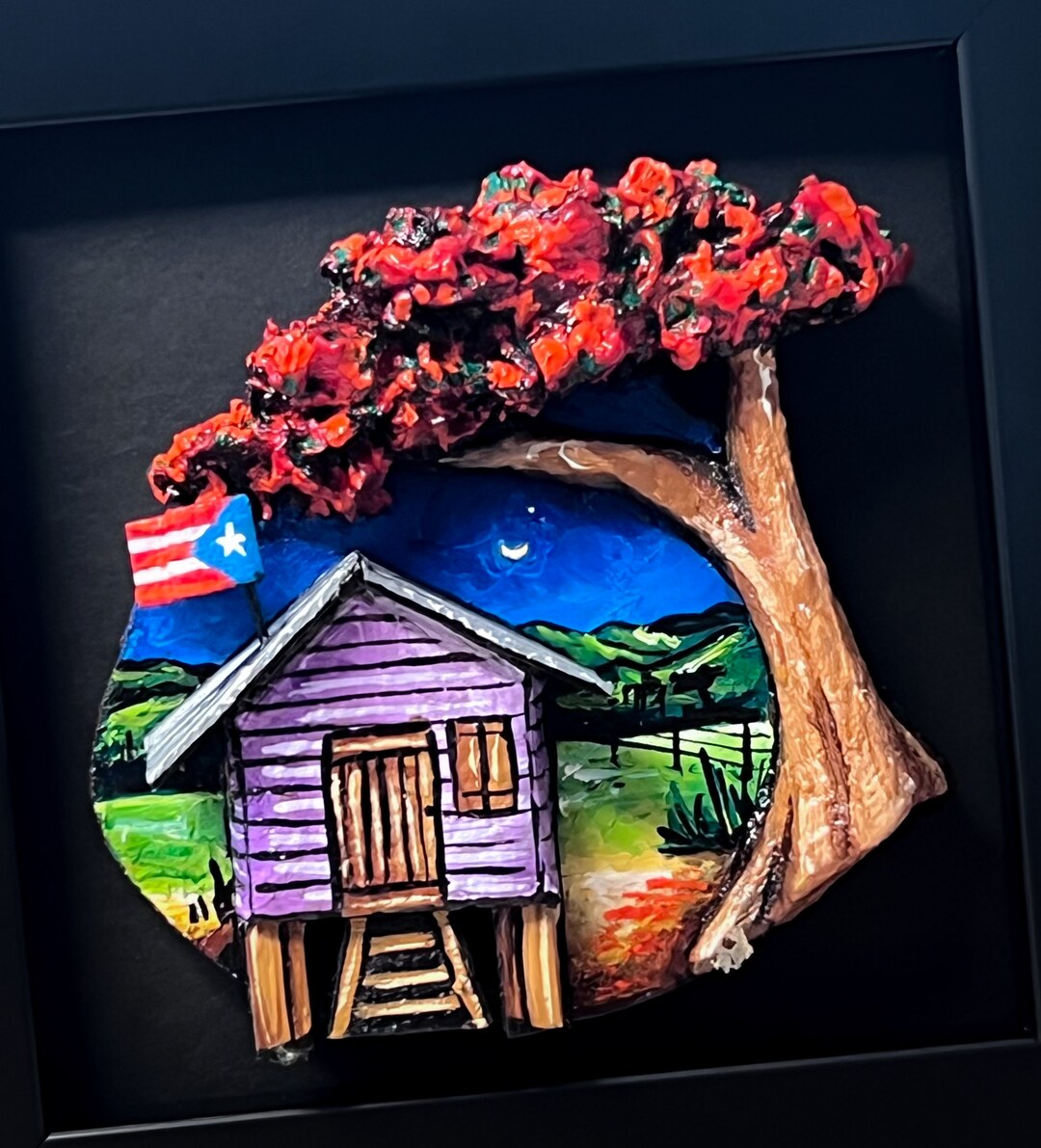 Puerto Rican Purple Wood House With Flamboyant Recycled Paper Framed ...