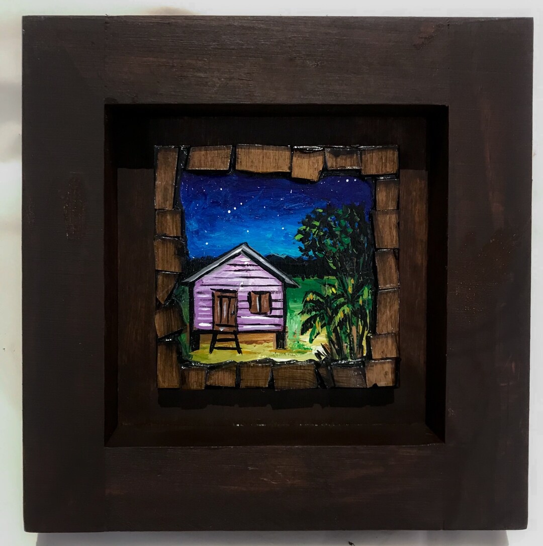 Framed Puerto Rico Night Landscape Acrylic Painting in Wood With Glass ...