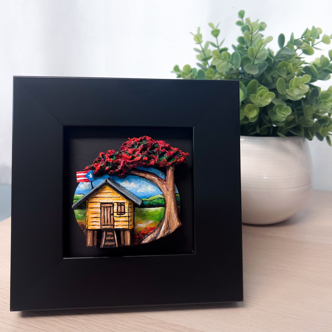 Puerto Rican Wood House With Flamboyant Tree Recycled Paper Framed ...