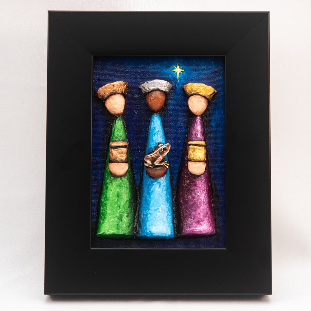 Recycled Paper Three Kings With a Coqui Frog in a Framed Canvas - Etsy
