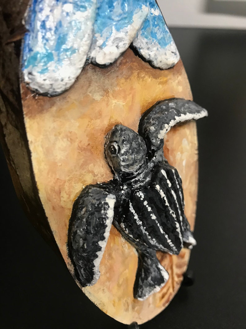 Recycled Paper Leatherback Sea Turtle Hatchling on a Rustic Wood Round ...