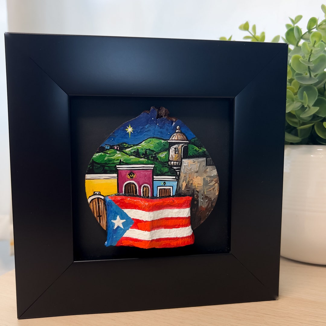 Puerto Rican Flag and Landscape Recycled Paper Framed Art Black Frame ...