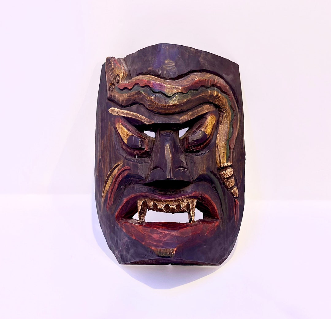 Vintage Hand Carved Wood Demon Devil Angry Fanged Snake Mask - Etsy