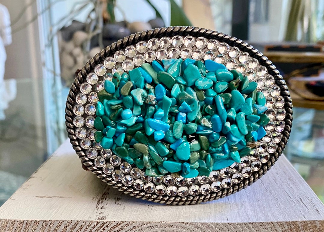 Genuine Turquoise Stone Belt Buckle With Rhinestones - Etsy