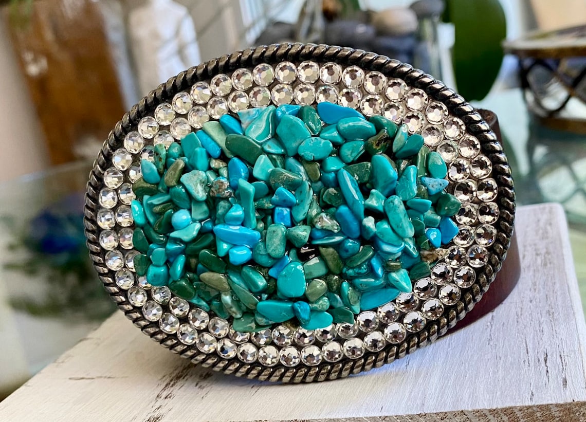 Genuine Turquoise Stone Belt Buckle With Rhinestones - Etsy