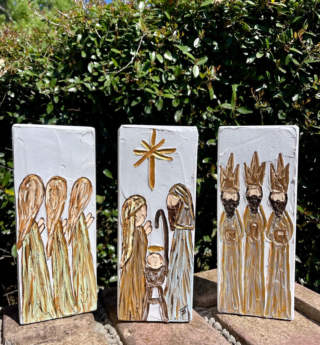 Nativity Block Set Hand Painted Manger Scene Christmas Decor Biblical ...
