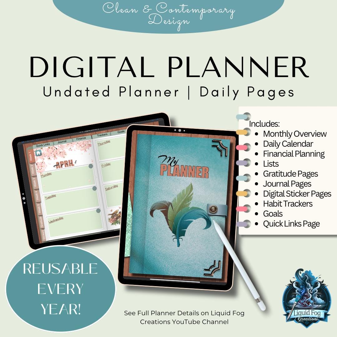 Undated Digital Planner – Botanical Theme, iPad Journal (PDF + Stickers ...
