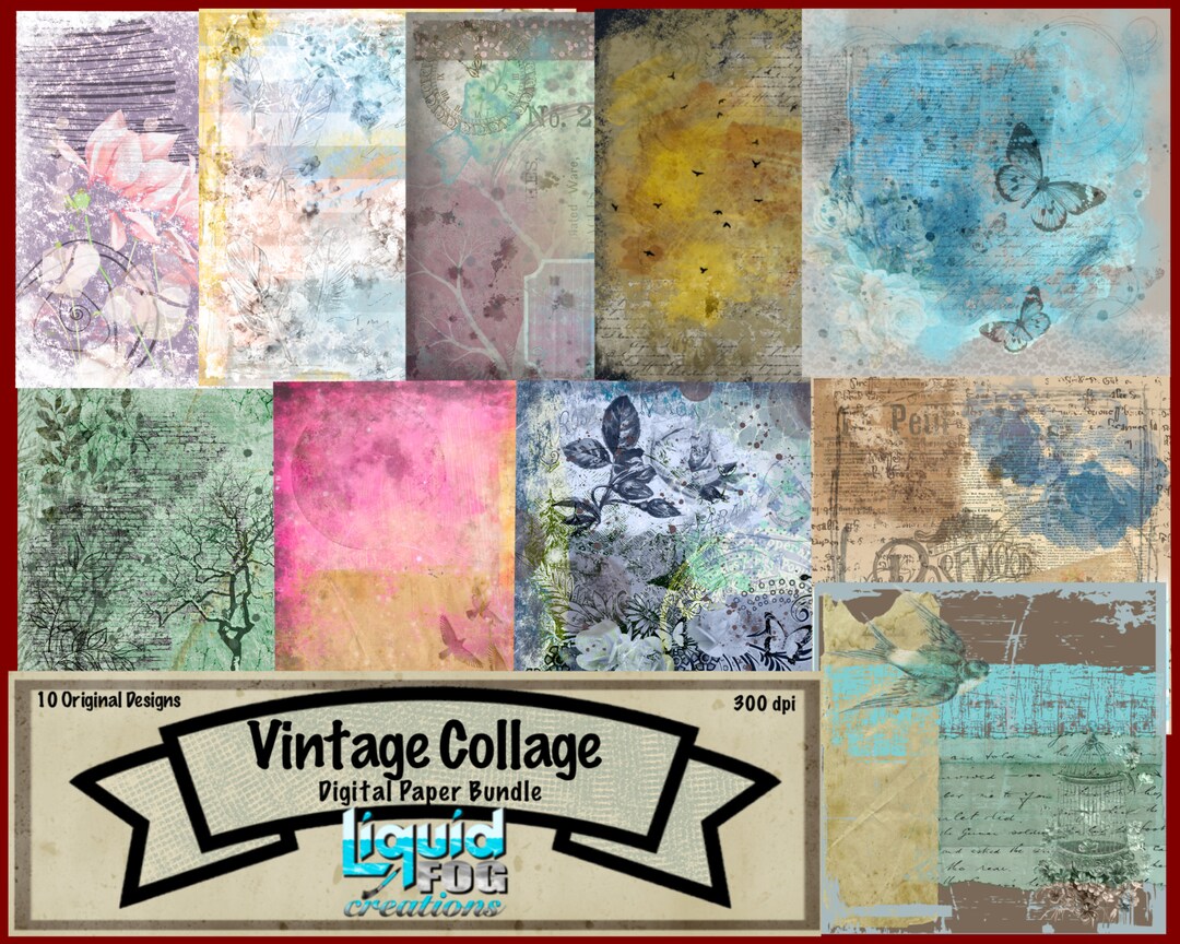 Vintage Collage Digital Printable Paper Pack Multi-coloured Scrapbook ...